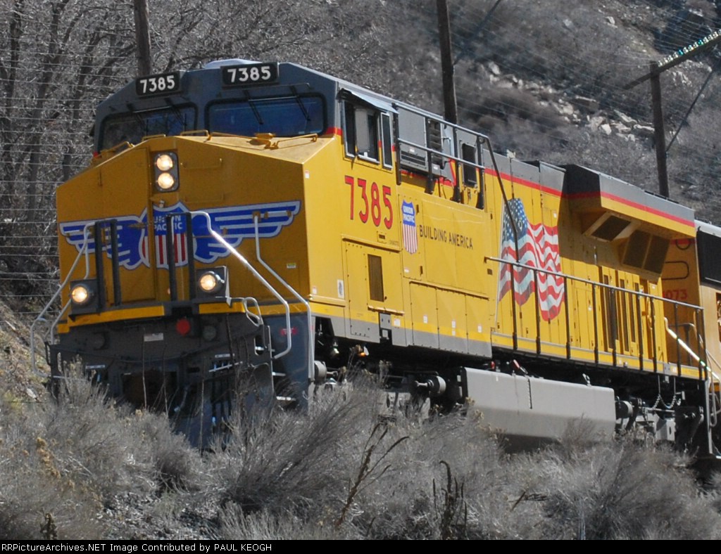 UP 7385 Close up as she decends through the canyon towards Ogden, Ut.